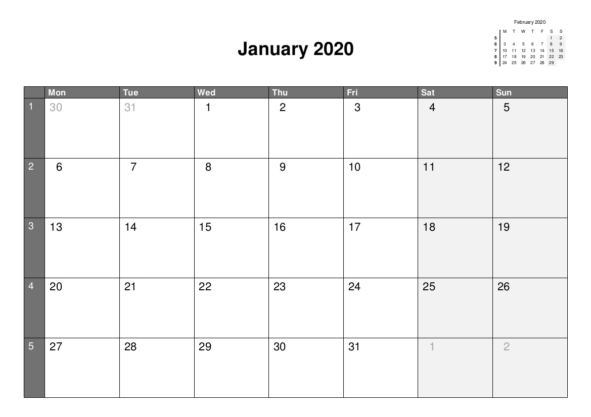 2020 A4 Single Month Calendars.