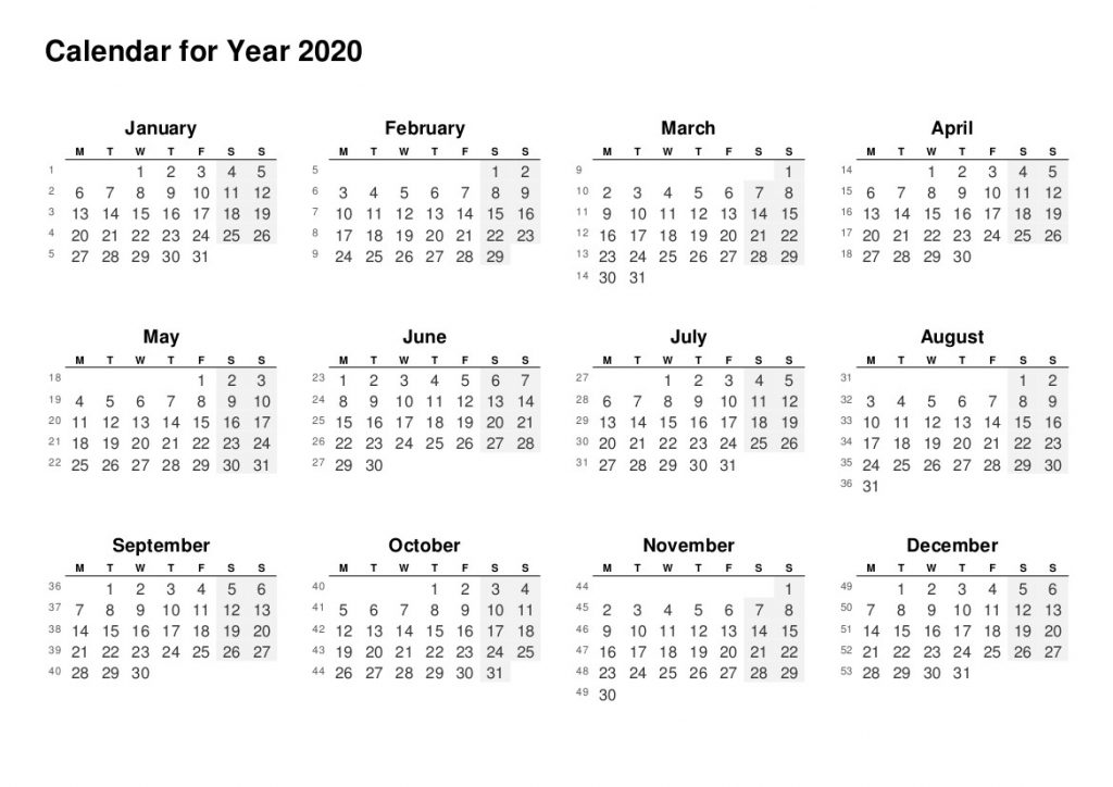 2020 Full Year Calendars.